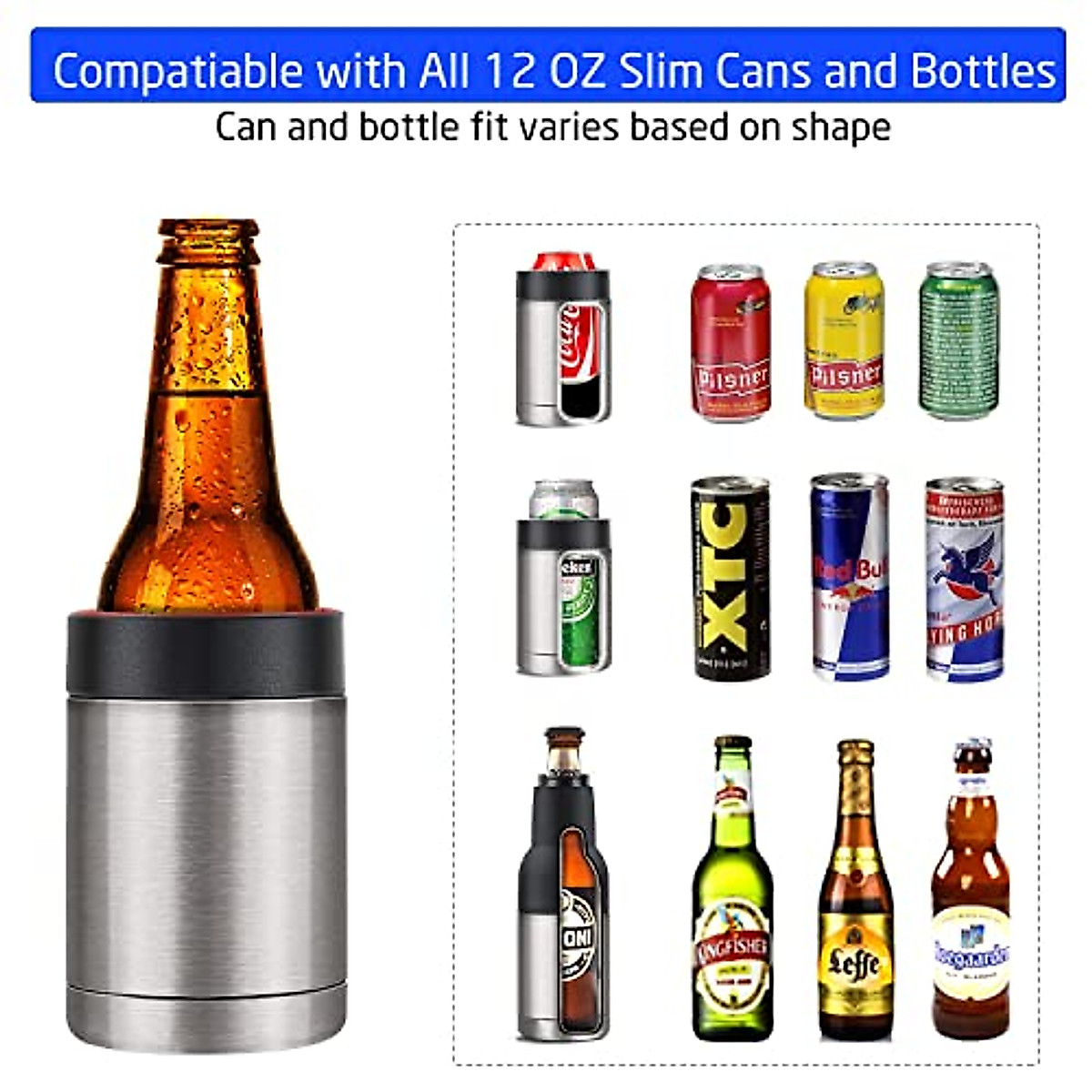 Stepstall Beer Bottle and Can Cooler with Beer Opener, 12 oz. Slim Can Beer Bottle Insulators Holder, Vacuum Insulated Double Walled Stainless Steel, Silver