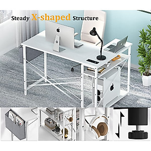 Mr IRONSTONE L Shaped Desk with Outlets & USB Ports, Reversible 47 Inch Office Desk, Corner Desk for Small Space, Home Office Desk with Storage Bag & Hook, White