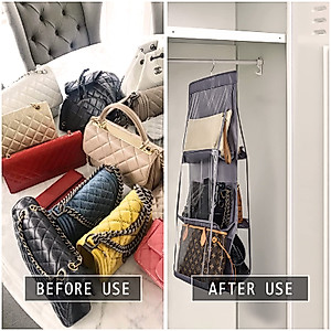 Vercord Hanging Purse Organinzer Handbag Tote Hanger Closet Dustproof Storage Bag with Six Pockets Grey