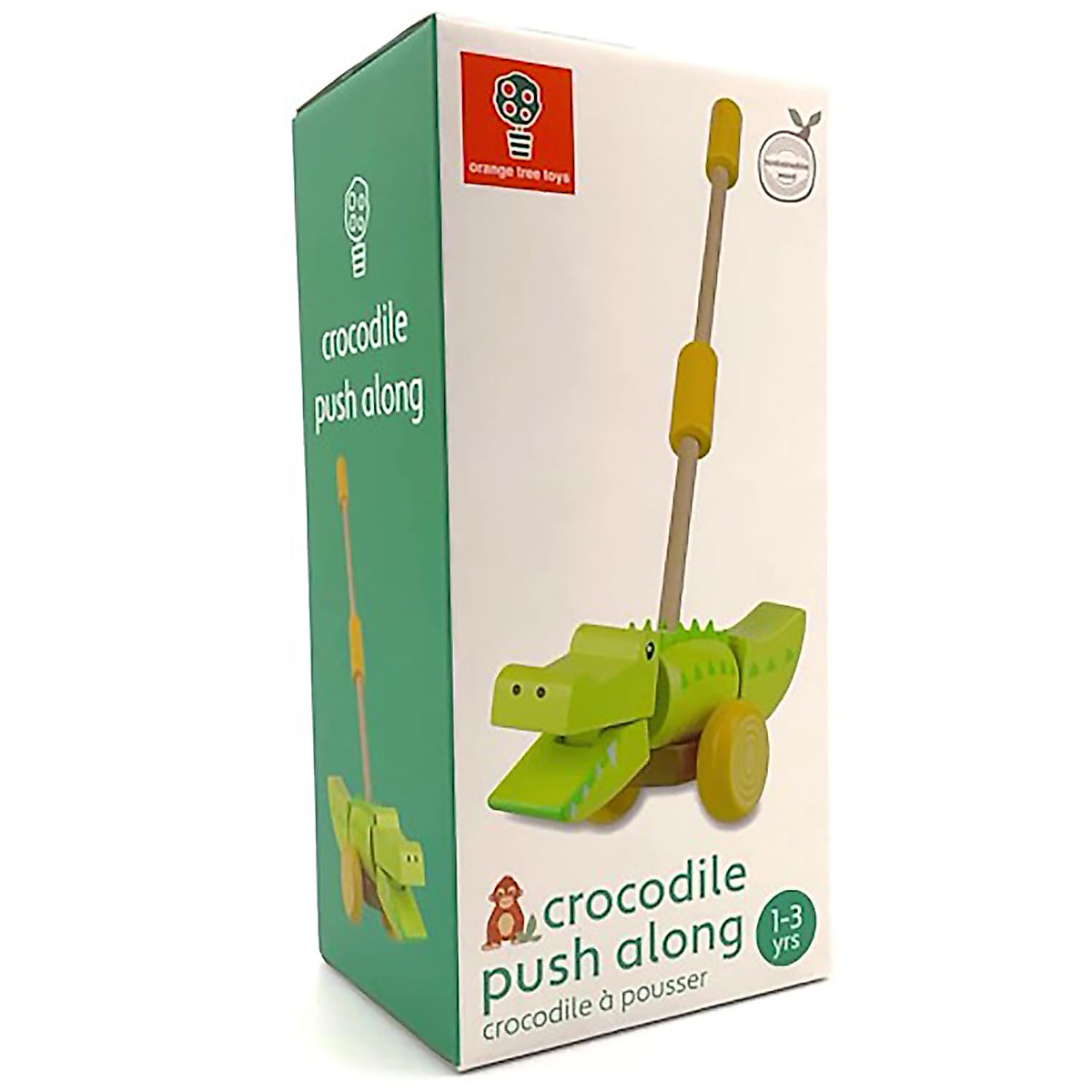 Orange Tree Toys: Push Along: Crocodile - Wooden Toy, Colorful Wheeled Character w/Handle, Encourage First Steps, FSC Certified, Toddler Kids Age 1+