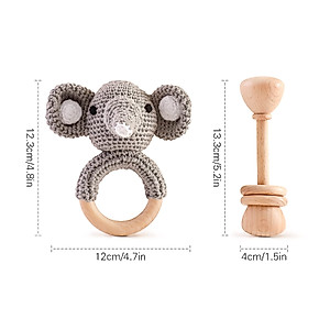 Wooden Baby Rattle Crochet Elephant and Wooden Rattle Baby Toys Set 2pcs Handmade Newborn Toy Early Development Grips Stuffed Animal Organic Rattle (Elephant Set)
