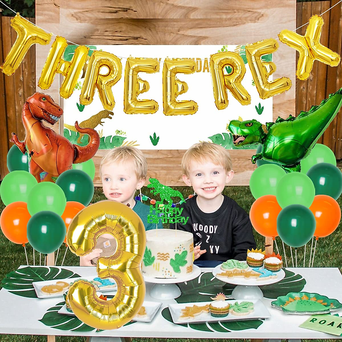 Dinosaur Birthday Decorations for Boy Three Rex Birthday Decorations Dinosaur Party Supplies 3 Year Old - Three Rex Balloons Dino Cake Topper Happy Birthday Banner