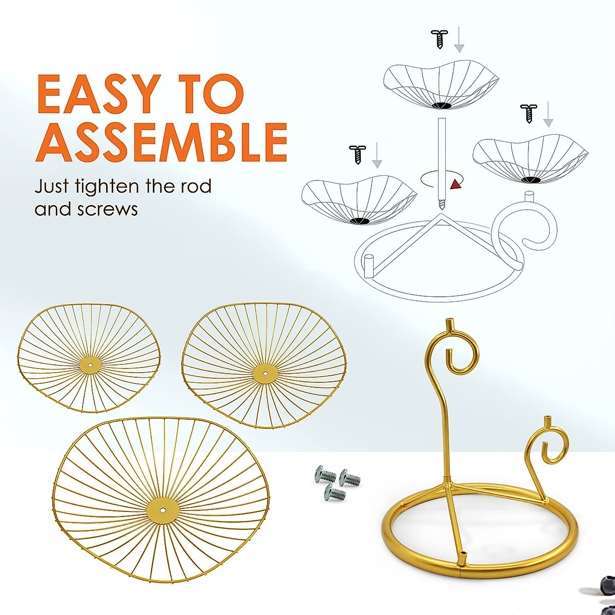 BUDO Metal Fruit Basket, 3-Tier Decorative Fruit Bowl, Wire Vegetables Snacks Metal Bowl Storage Trays Table Countertop, Modern Veggie Holder Stand for Home Kitchen Centerpiece, Gold