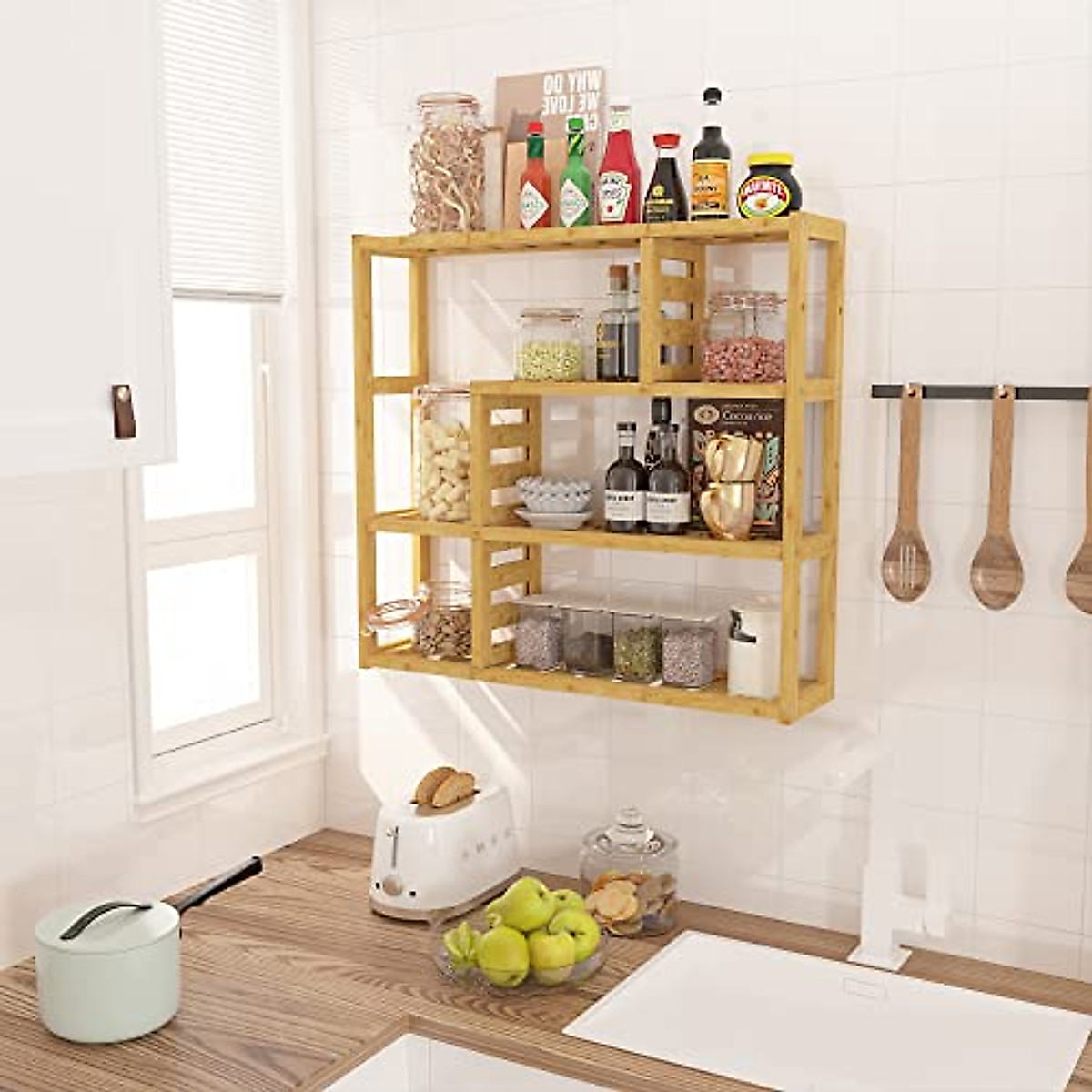 Epesoware Bathroom Bamboo Organizer 3 Tier Multifunctional Storage Rack Adjustable Wall Mounted Shelf Free Standing Plant Stands,Floating Shelves Over Toilet