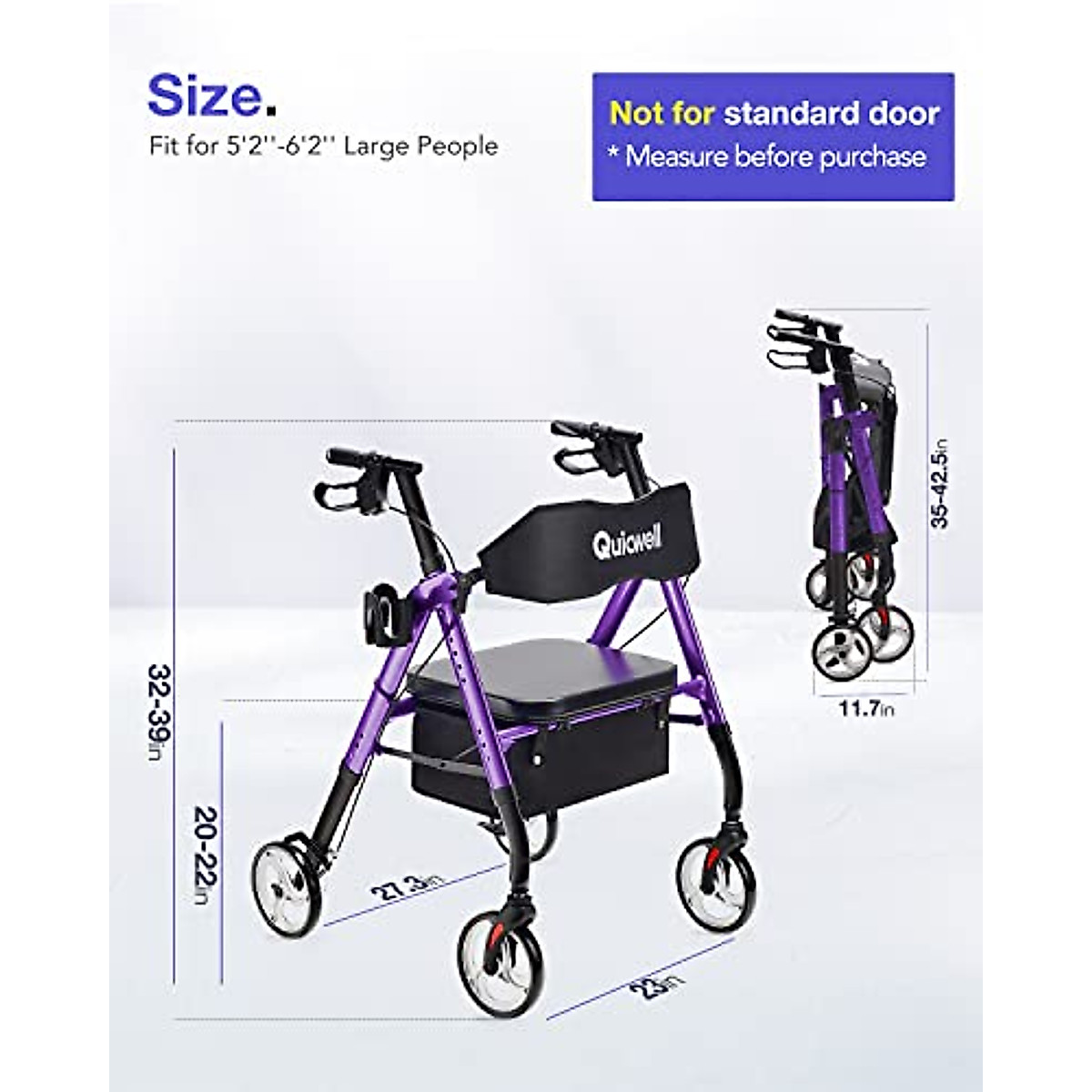 Quicwell Heavy Duty Rollator Walker with Large Paded Seat, Bariatric Rolling Walker with Wide Comfort Backrest for Seniors and Adults, Adjustable Seat, Large 8" Wheels, Support Up 450 lbs, Purple