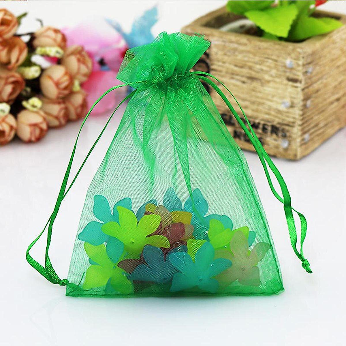 Dkrsyz Pack of 50 Gift Organza Bag Green Drawstring 4x6 Inch for Baby Shower,Christmas,Baby Boy Birthday,Party Favor,Wedding,Graduation,Hotel Room Decor Sheer Mesh Fabric Wrap Silk Sachet for Jewelry