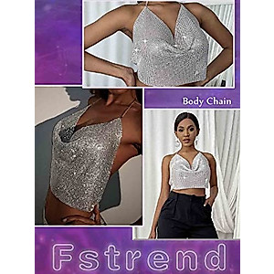 Fstrend Rhinestones Body Chains Chest Sparkly Crystal Bikini Bra Silver Halter Backless Party Rave Accessories for Women(Silver)