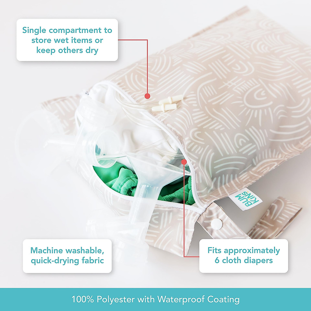 Bumkins Waterproof Wet Bag for Baby, Travel, Swim Suit, Cloth Diapers, Pump Parts, Pool, Gym Clothes, Toiletry, Strap to Stroller, Daycare, Zipper Reusable Bag, Wetdry Packing Pouch, Boho Beige