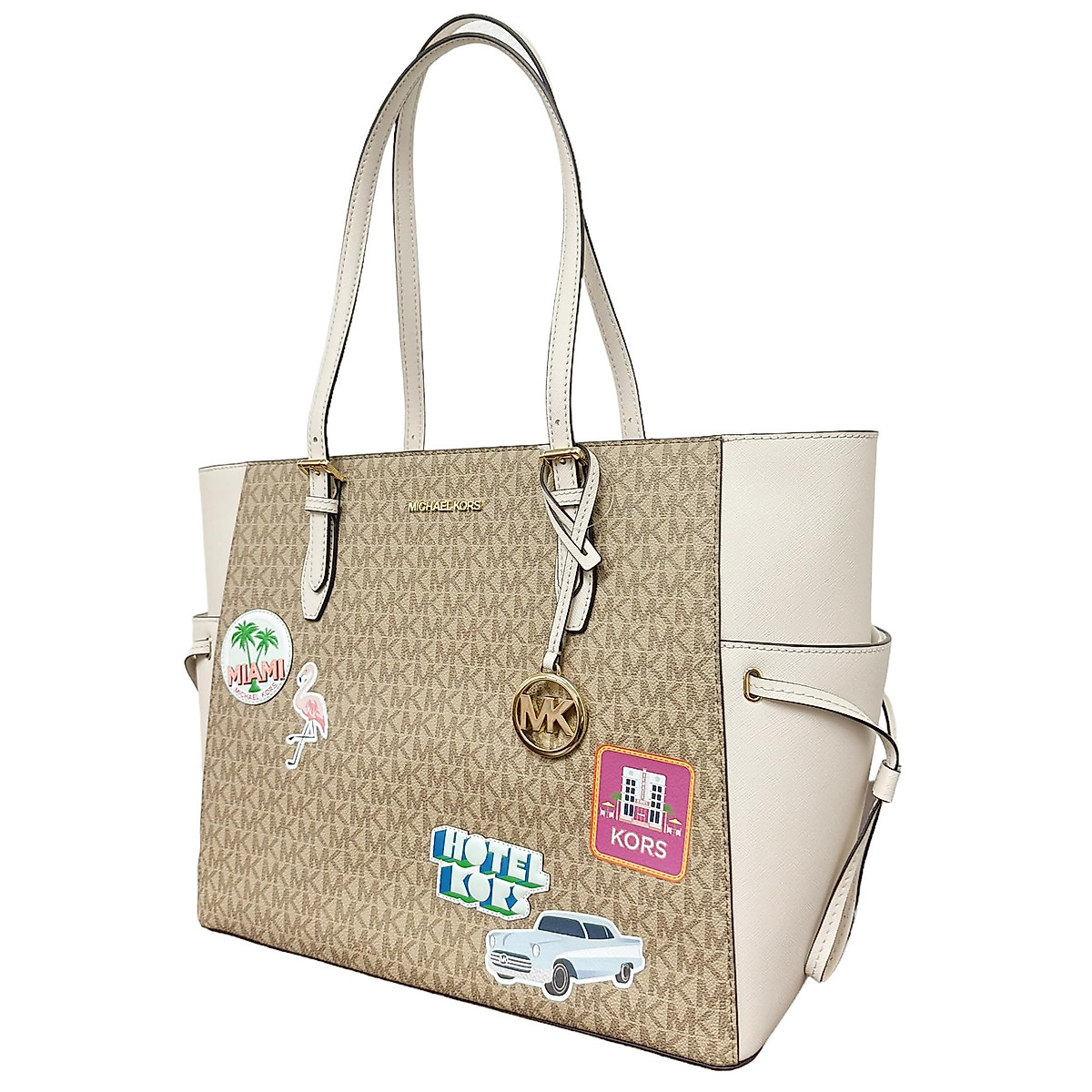 Michael Kors Gilly Large Jet Set Drawstring Top Zip Tote (Light Cream Multi MK)
