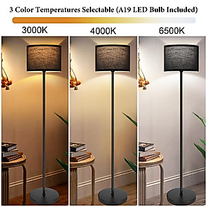 LED Floor Lamp Simple Design, Modern Standing Lamp with Shade,Tall Lamp for Living Room Bedroom Office Study Room, Black Pole Lights with Foot Switch, White Stand Up Lamp Fabric, E26 Base