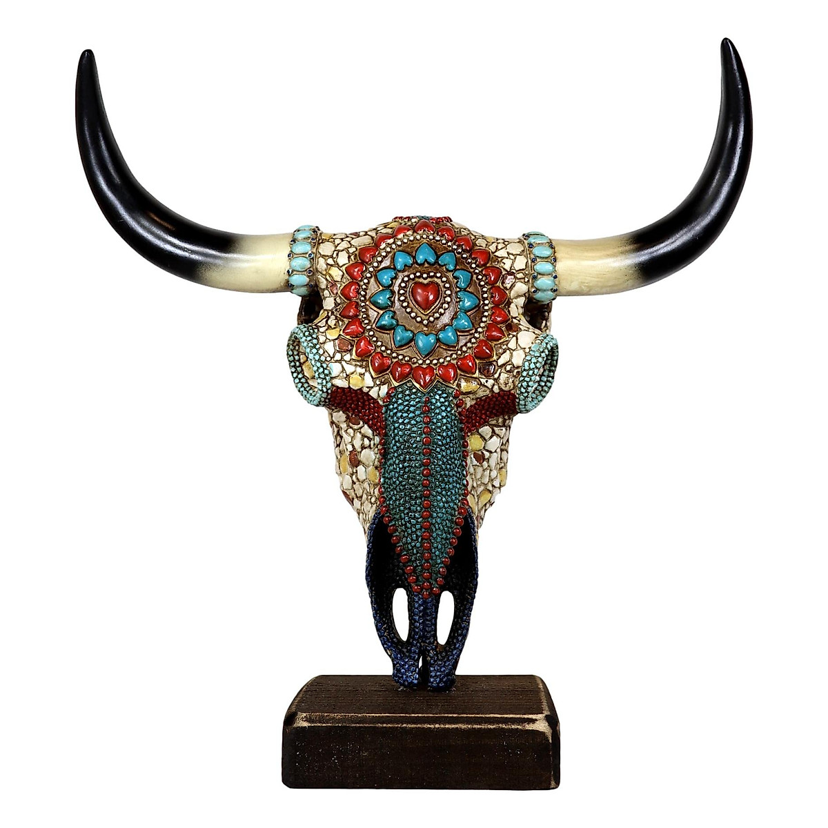 Ebros Gift 17" High Large Western Steer Bison Buffalo Bull Cow Skull Head with Mosaic Turquoise Red Yellow Blue Stones and Beads Ornate Floral Design Desktop Sculpture Native Indian Sacred Skulls