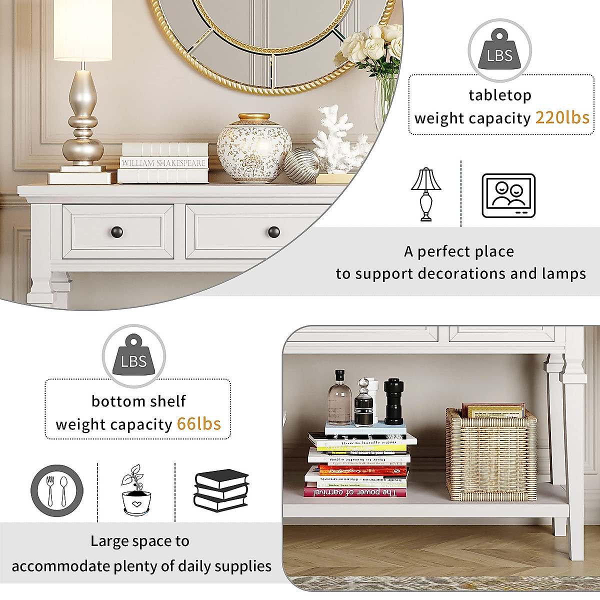 50" Classic Retro Console Table, Solid Wood Sofa Side Table with 3 Top Storage Drawers and Open Style Bottom Shelf for Living Room, Entryway, Hallway and Bedroom, Easy Assembly (Antique White-02)