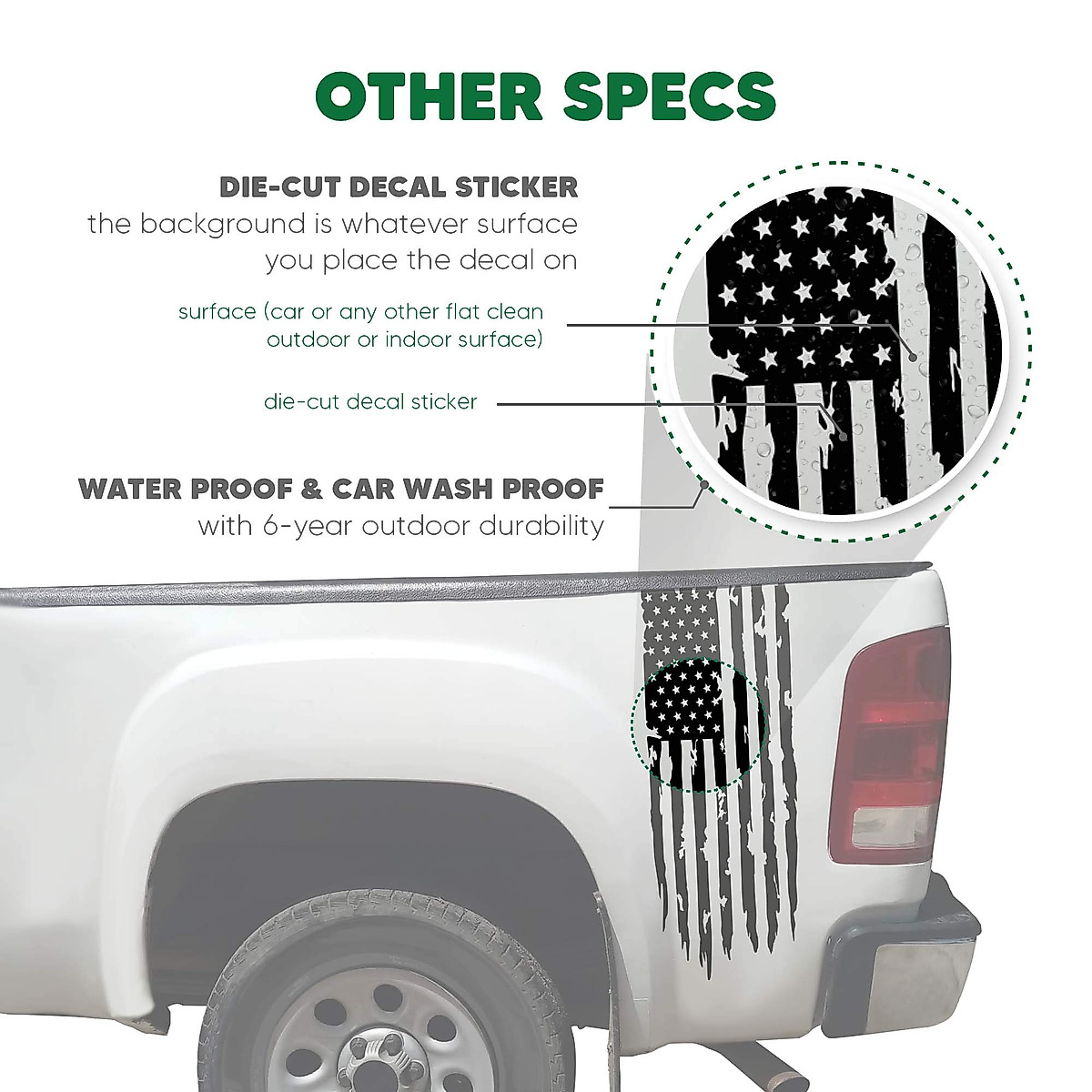 Greenyef Graphics We The People Betsy Ross Flag 1776 Distressed American USA US Flag Truck Tailgate Vinyl Decal Preamble of The US Constitution fits Most Pickup Trucks (11''x20'', White)