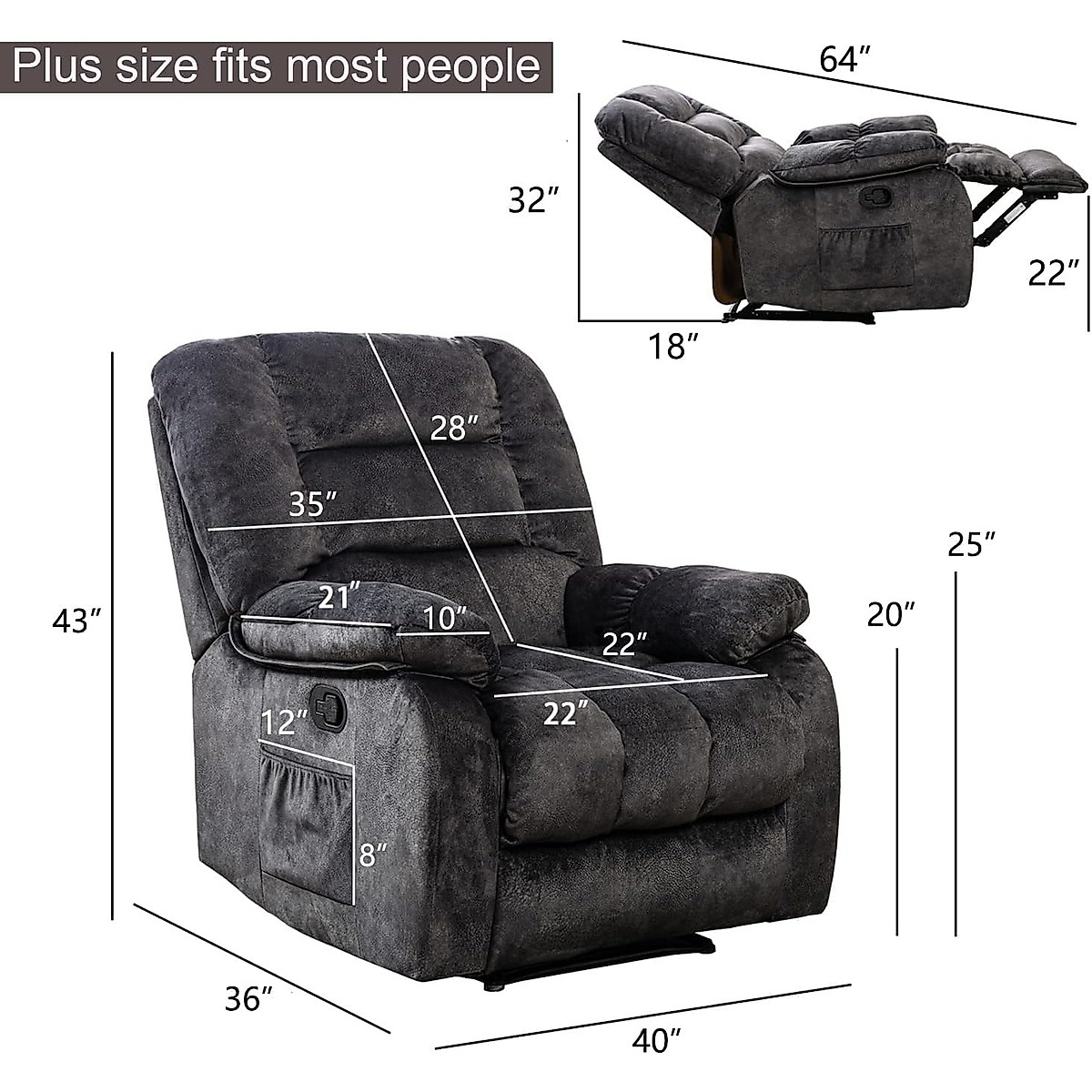 ANJHOME Overstuffed Massage Recliner with Heat and Vibration, Soft Fabric Manual Reclining Chairs with Side Pocket for Living Room (Gray)