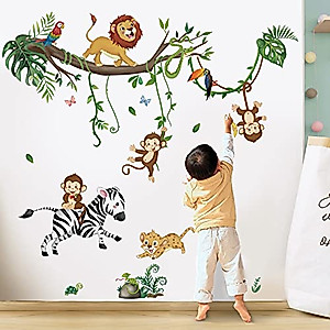 wondever Jungle Animals Wall Stickers Monkey Lion Safari Peel and Stick Wall Art Decals for Kids Bedroom Baby Nursery Living Room