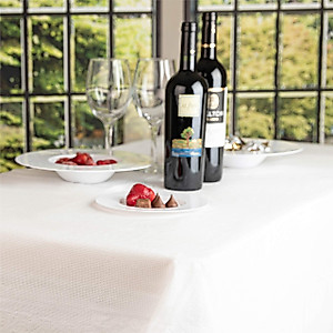 PLASTICPRO Disposable 3 Ply Paper & Plastic Tablecloth Absorbent, Waterproof, White Table Cover for Rectangle Tables fits 6-8 Foot Tables Size: 54'' X 108'' Pack of 5