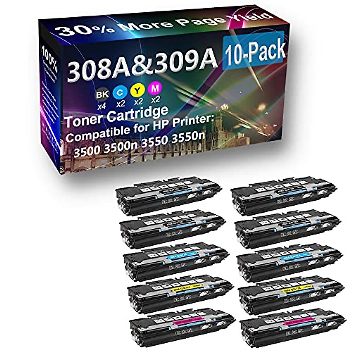 10-Pack (4BK+2C+2Y+2M) Compatible High Yield 308A (Q2670A Q2671A Q2672A Q2673A) Toner Cartridge use for HP 3550n Printer