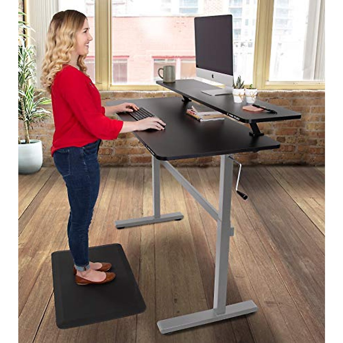 Stand Steady Tranzendesk 55 in Standing Desk with Clamp On Shelf | Easy Crank Height Adjustable Stand Up Workstation w/Attachable Monitor Riser | Holds 3 Monitors & Adds Desk Space (55/Silver Base)