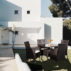 SUNCROWN 5 Piece Outdoor Dining Set All-Weather Wicker Patio Dining Table and Chairs with Cushions, Tempered Glass Tabletop with 9 FT Patio Umbrella for Patio Backyard Porch Garden Poolside, Square