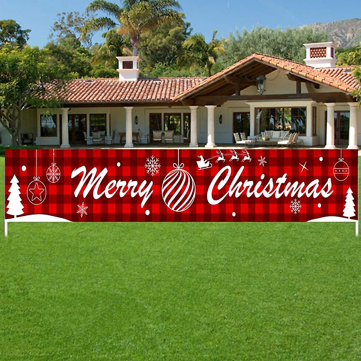 DSDecor Merry Christmas Banner Large Xmas Porch Sign Banners Poster Indoor Outdoor Holiday Party Hanging Decorations (Style 1, 10ft x 20inch)