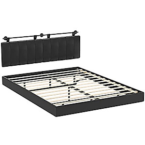 Hasuit Full Floating Bed Frame with Led Light, Modern Inspired Full Size Platform Bed, Vegan Leather Upholstered Wall Mounted Headboard, No Box Spring Needed, Noise Free, Easy Assembly