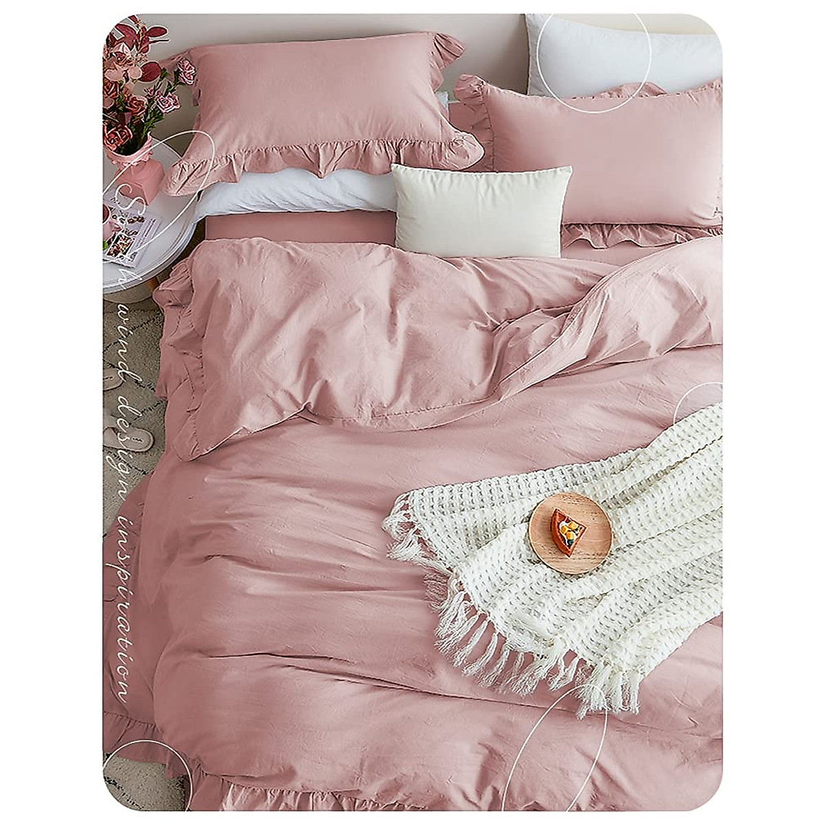 Omelas Blush Pink Ruffled Duvet Cover Set Twin Size Vintage Ruffle Fringe Comforter Cover Solid Color Farmhouse Rustic Single Bedding Soft Microfiber,Zipper Closure,1 Sham (Mauve Pink, Twin)