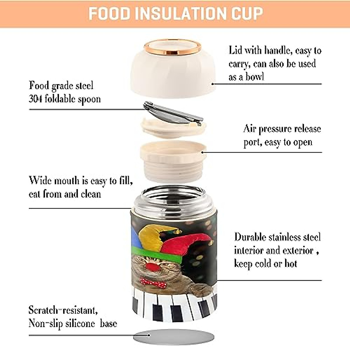 CUPADA Cat Musician Cute Food Jar, Clown Hats Color Insulated Hot Food Jars Vacuum 17OZ with Folding Spoon for Work Trip Picnic Camping