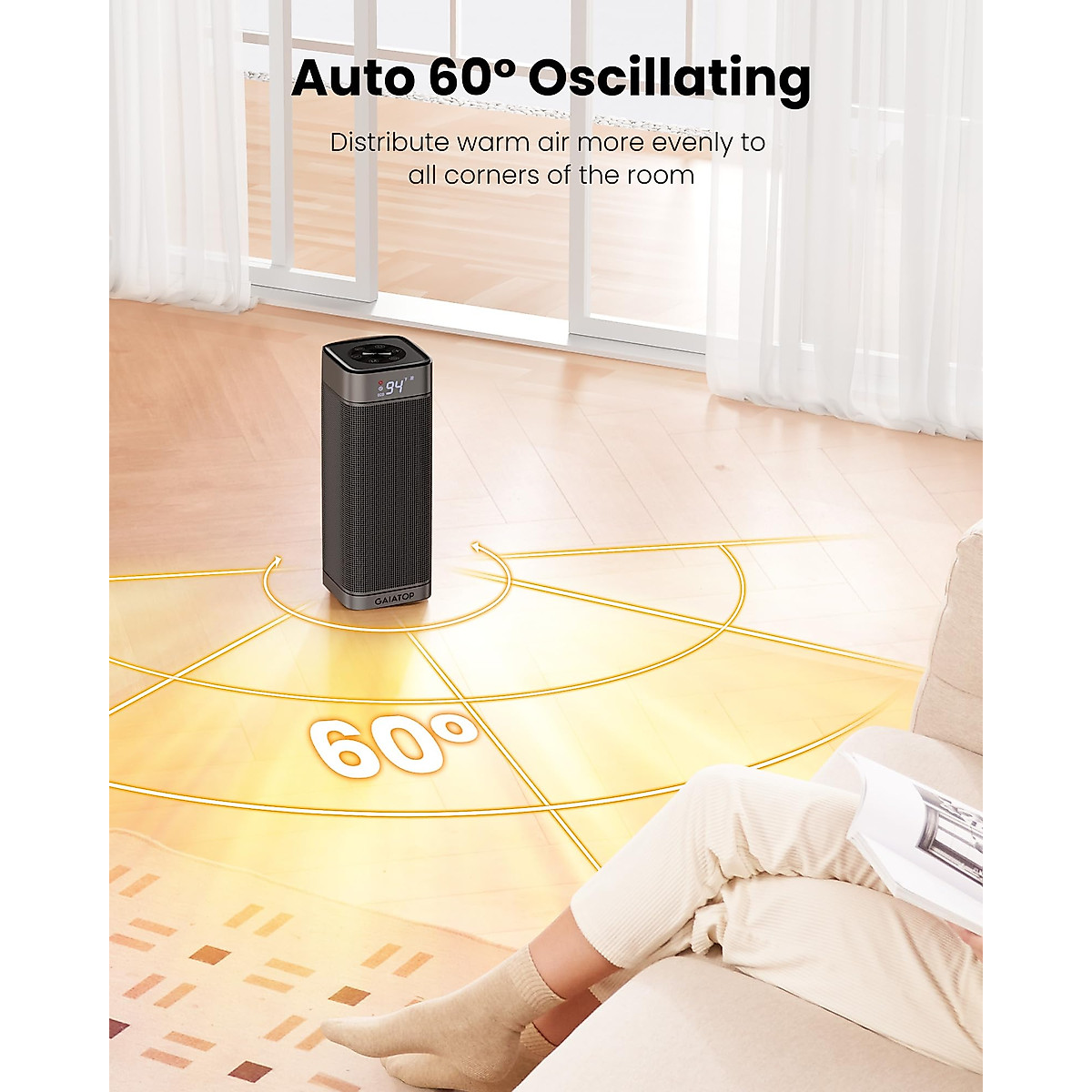 GAIATOP Space Heaters for Indoor Use, 1500W Portable Electric Heater, Quiet PTC Ceramic Heat with Thermostat, 5 Modes, Remote, 60° Oscillating, 12Hrs Timer, Powerful Wind for Bedroom Office Home
