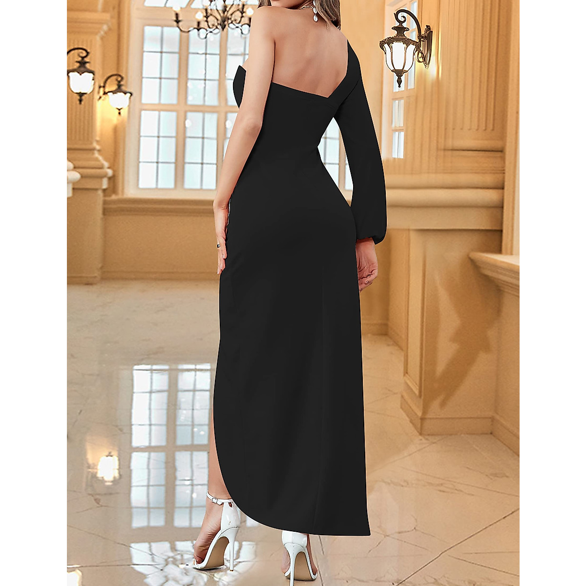 ZESICA Women's 2024 One Shoulder Long Sleeve Cocktail Dress Sexy High Slit Ruched Bodycon Wedding Guest Maxi Dresses,Black,Small