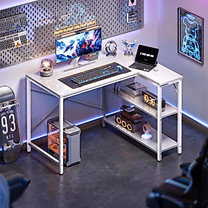 Huuger L Shaped Desk, 39 Inches Computer Desk with Reversible Storage Shelves, Gaming Desk, Corner Desk Home Office Desks, Writing Desk Study Desk with Metal Frame, White