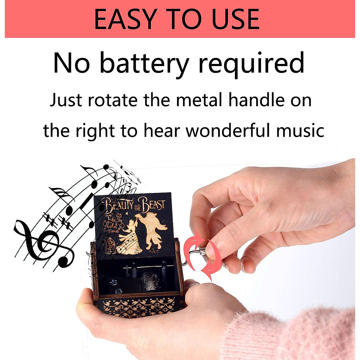 Ddjbdb Beauty Music Box Beast, 18 Note Mechanism Antique Carved Wooden Hand Crank Musical Box Crafts,Valentine Christmas Birthday Gift for Her Wife Girlfriend