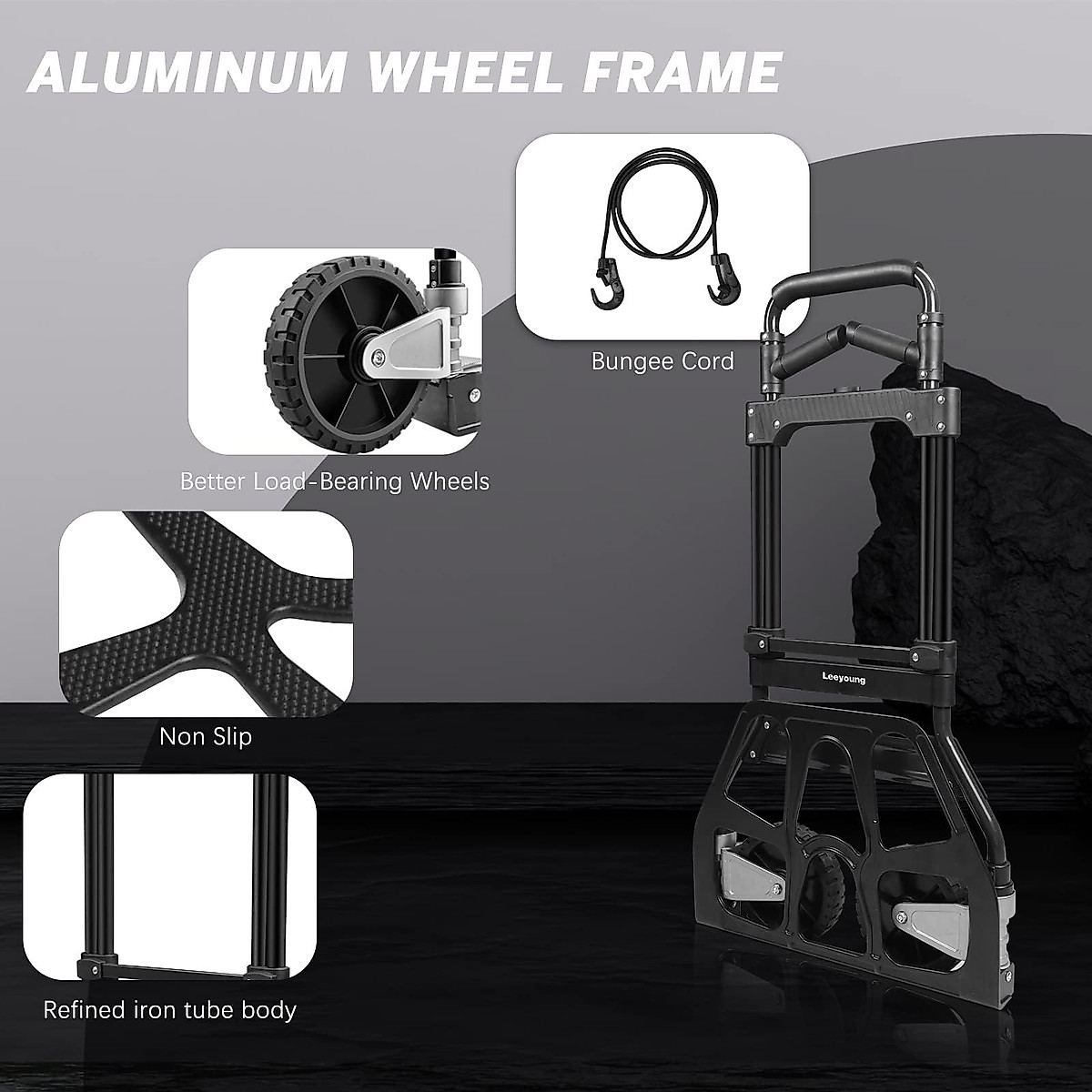 Leeyoung Folding Hand Truck Dolly Cart with Wheels,Heavy Duty 375lb Dolly for Moving，Aluminum Wheel Bracket and Steel Tube Frame, Foldable Hand Truck with Adjustable Handle for Moving Indoor/Outdoor