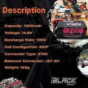 CNHL 1300mAh 4S Lipo Battery 14.8V 100C (Burst 200C) with XT60 for FPV Racing Helicopter Airplane UAV Racing Drone Battery RC Quadcopter(2 Packs)