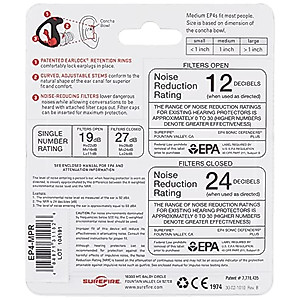 SureFire EP4 Sonic Defenders Plus filtered Earplugs, triple flanged design, reusable, Clear, Medium