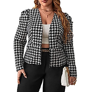 WDIRARA Women's Plus Size Houndstooth Print Long Puff Sleeve Open Front Jacket Blazer Black and White 3XL