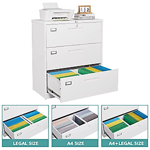 MIIIKO Lateral File Cabinet 3 Drawer, White Metal Filing Cabinet with Lock Lock for Home Office, Large Storage File Organizer for Hanging File Folders,Easy Assemble