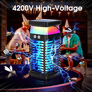 Portable Fly Trap for Indoor & Outdoor, Handheld Outdoor Bug Zapper - 4200V High-Voltage Electric Mosquito Killer with UV Light, IP68 Waterproof, USB-C & Solar Charging, 4000mAh Battery