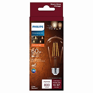 Philips LED Flicker-Free Vintage ST19 Light Bulb, Dimmable Warm Glow Effect, EyeComfort Technology, 800 Lumen, 2700-2200k, 8W=60W, E26 Base, Title 20 Certified, 4-Pack (Warm to glow)
