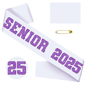 Generic Senior Sash 2025, Graduation Sash White with Purple Glitter Letter, Class of 2025 Sash for Graduation Party, Senior Cheer Sashes, Cheerleader Sash, Class Competition Sashes