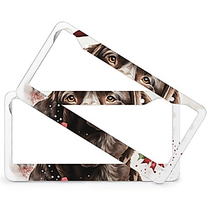 Chocolate Labrador Santa Hat Christmas License Plate Cover 2 Pack Xmas Lovely Dogs Car Accessories for US Standard Vehicles for Women Men 2 Round Holes Aluminum License Plate Frames