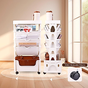 5 Tier Book Rack Storage Bookshelf, Removable Movable Unique Bookcase, Mobile Bookshelf with Wheels Utility Organizer Bookshelves for Kids Children Students Study in Bedroom Living Room School (White)