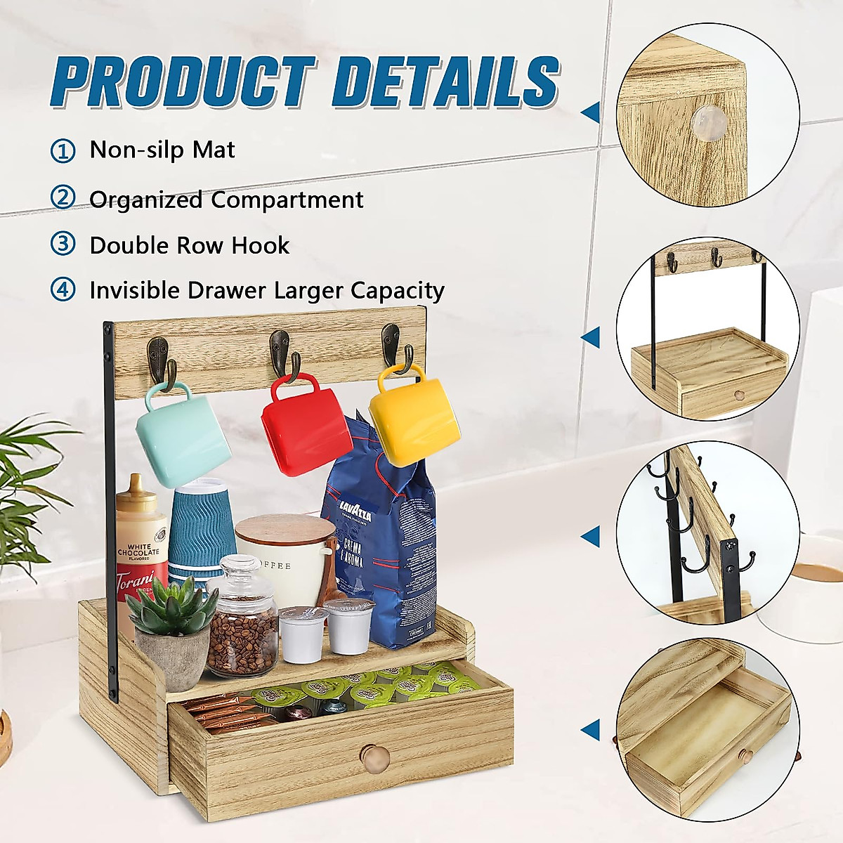 Rustic Coffee Station Organizer for Counter, Wood Coffee Mug Holder Stand with 8 Mug Hooks, Coffee Mug Tree Rack with Drawer and Storage Shelf, Coffee Bar Accessories Organizer Kitchen Storage Racks