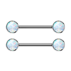 Pierced Owl 14G Implant Grade Titanium Internally Threaded Bezel Set Synthetic Opal Nipple Barbells, Sold as a Pair (White)