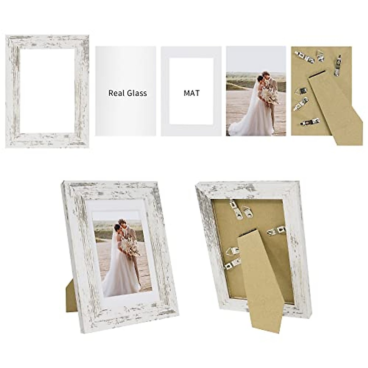 Hongkee 4x6 Picture Frame Set of 4, with Real Glass and Distressed White Wood Frame, Multi 4 by 6 Picture Frame for Wall or Tabletop Display, Display Picture 3.5x5 with Mat or 4x6 Without Mat