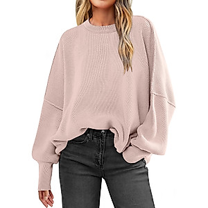 ANRABESS Women Crewneck Batwing Long Sleeve 2024 Fall Oversized Side Slit Ribbed Knit Pullover Sweaters Top Cozy Outfits Pink Small