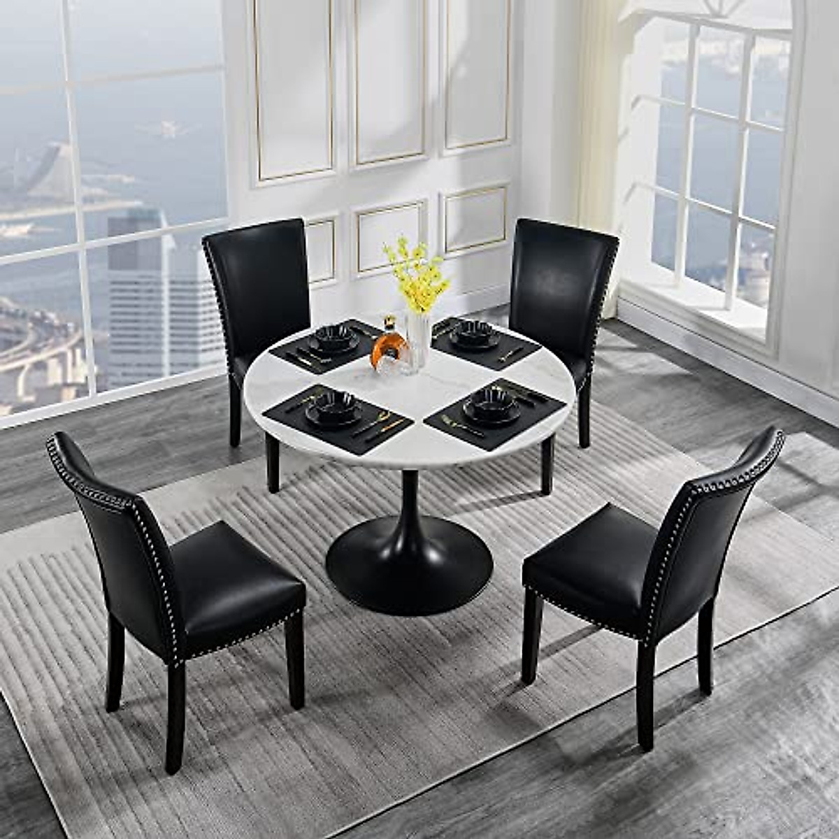 LEEMTORIG Parsons Chairs Faux Leather Dining Chairs Set of 2, Upholstered Mid Century Modern Kitchen Chairs with Nail-Head Trim, Black CY-2258-BK