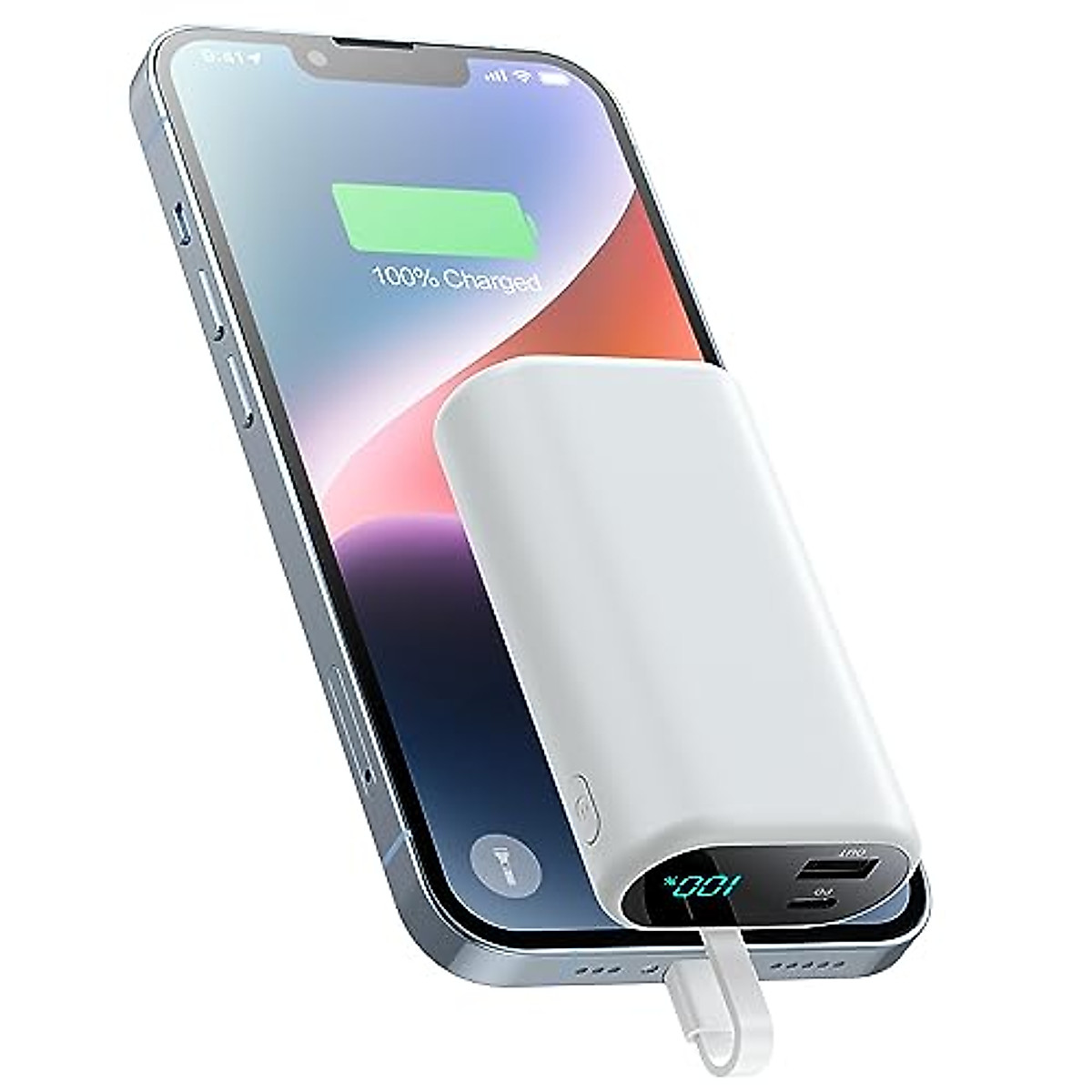 Portable Charger 10800mAh for iPhone,Small & Ultra-Compact 15W PD Fast Charging Power Bank ,LCD Display Battery Pack with Built-in-Cable Compatible with iPhone 14/14 Pro Max/13/12/X/XR/XS/8/7/6-White