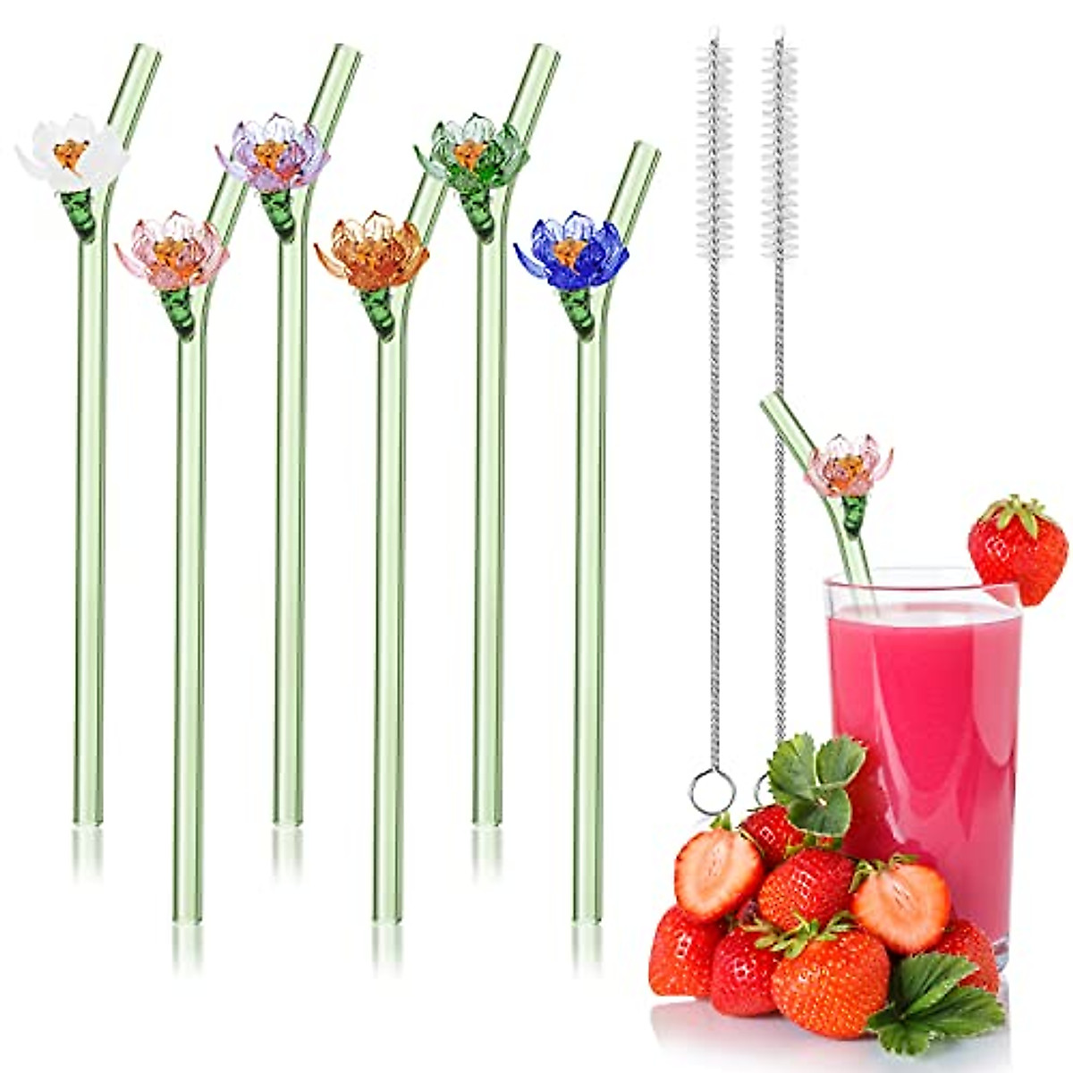 6 Pcs Reusable Glass Straws 8 mm x 7.9 Inch Colorful Lotus Design Green Straws Bent Glass Straws with Cleaning Brush for Smoothie Cocktail Juice Shakes Beverages