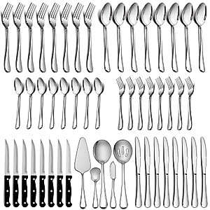 LIANYU 53-Piece Silverware Set for 8, Stainless Steel Flatware with Steak Knives and Serving Utensils, Forks and Spoons Silverware Set, Cutlery Set for Home, Dishwasher Safe