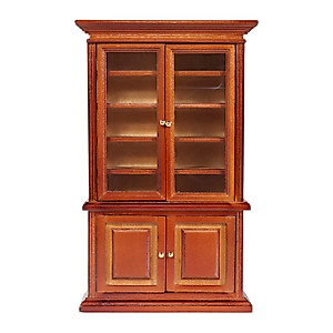 Miniature Dollhouse Display Cabinet - Dolls House Mini Furniture Glass Bookcase - 1/12 Scale (Medium Brown)